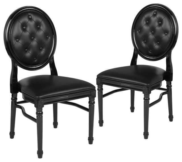 2 Pack Dining Chair, Fluted Legs & Black Vinyl Seat With Button Tufted ...