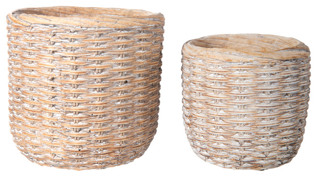 Round Terracotta Pot with Basket Weave Design Washed Amber Finish, Set ...