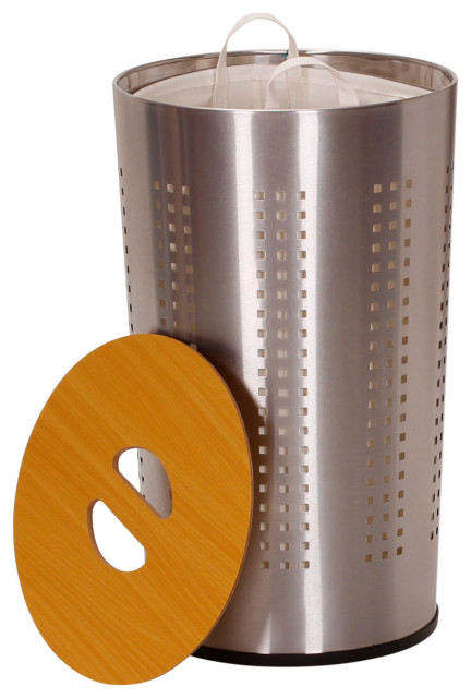 Round Metal Hamper With Engineered Wooden Lid - Contemporary - Hampers ...