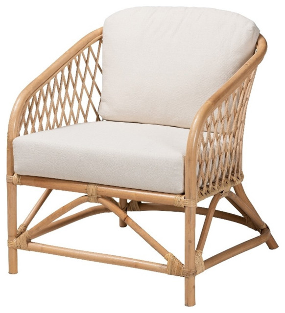 Baxton Studio Patsy White Fabric and Natural Brown Rattan Armchair ...