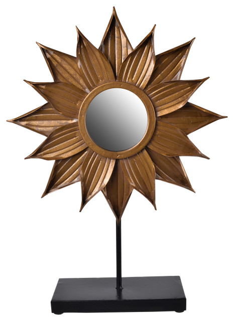 Benzara Metal Starburst Table Mirror with Rectangle Wooden Base,Gold ...