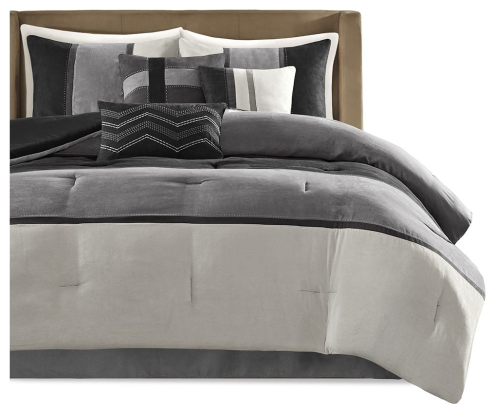Madison Park Polyester Black Cal King 7-PC Faux Suede Comforter Set ...