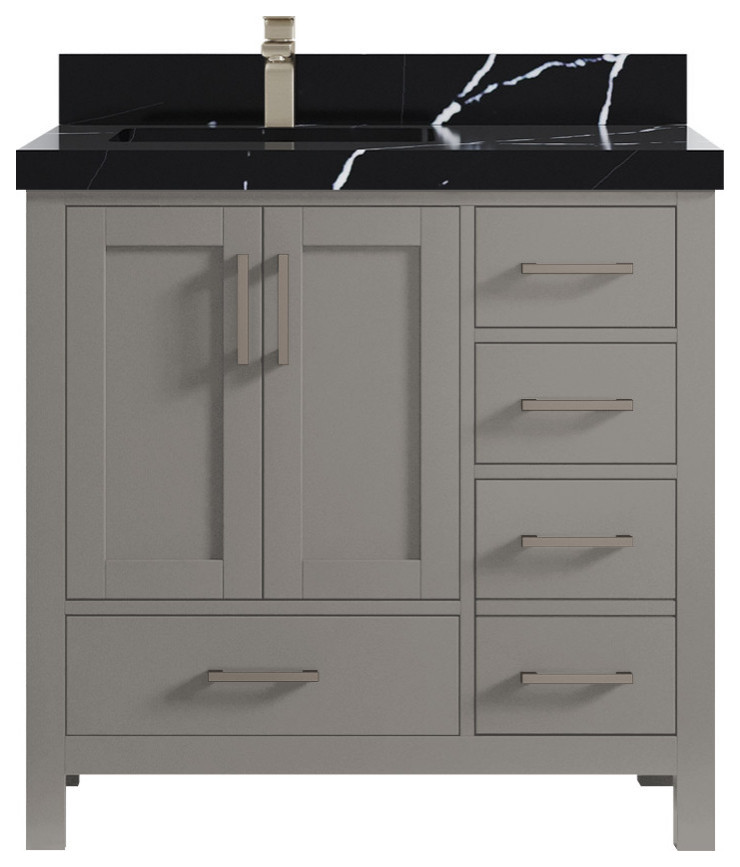 Pasadena 36" Left Offset Bath Vanity, Light Natural Teak 2" Calacatta ...