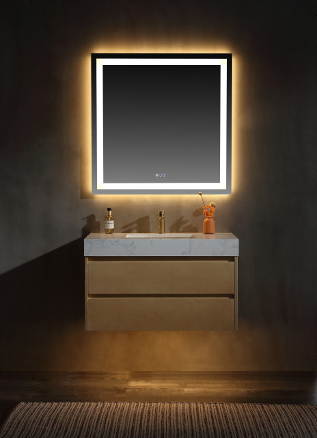 Natural Wood Finish LED Floating Modern Bathroom Vanity Set, 36 ...
