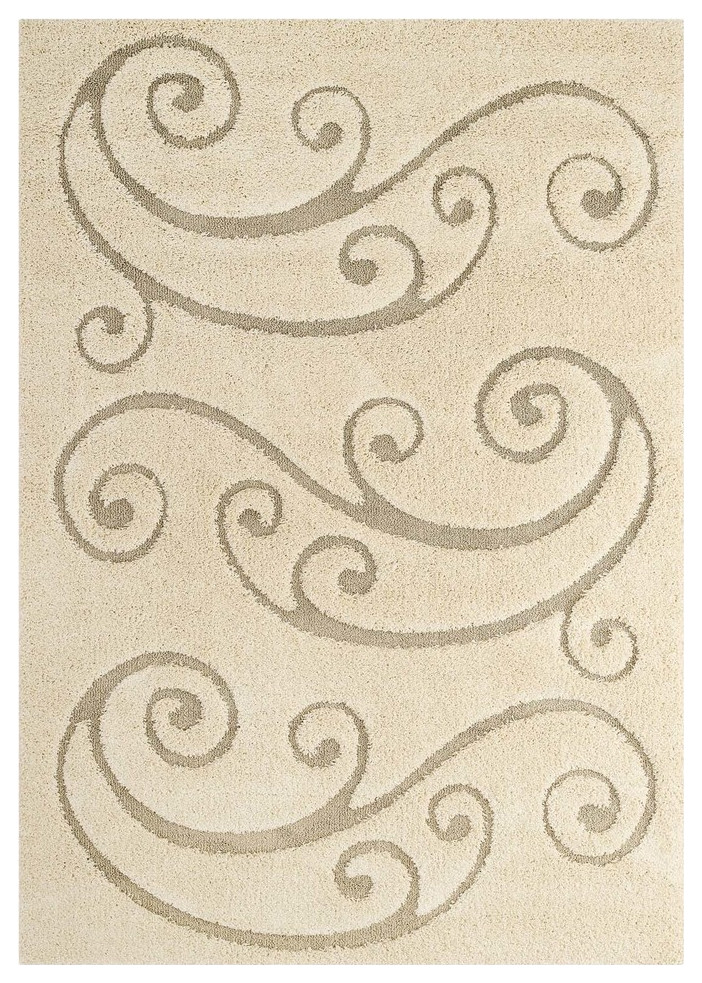 Modway Jubilant 5' x 8' Scrolling Vine Shag Area Rug in Cream, 8x10 ...