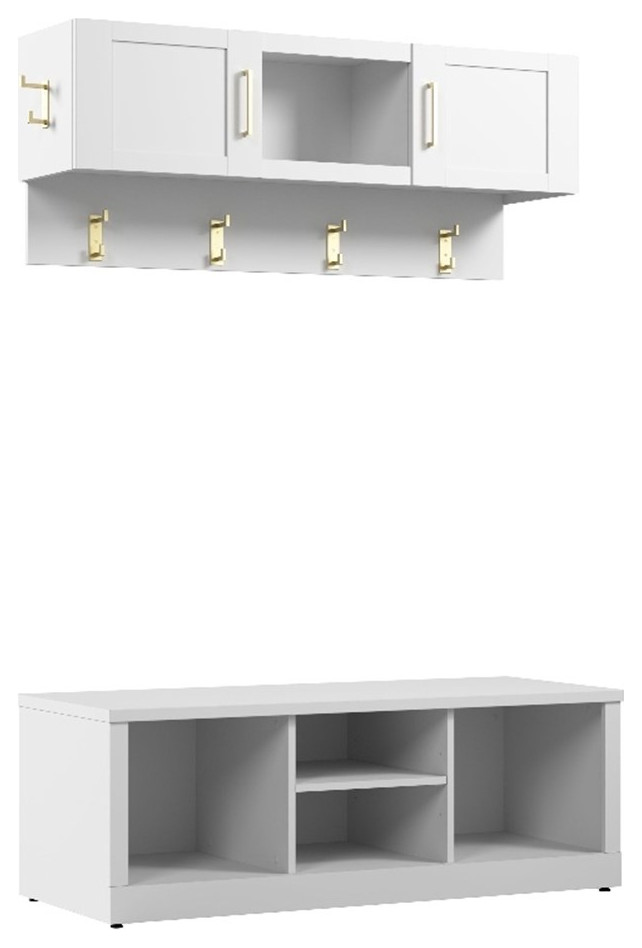 Hampton Heights 48W Shoe Bench and Wall Coat Rack in White - Engineered ...