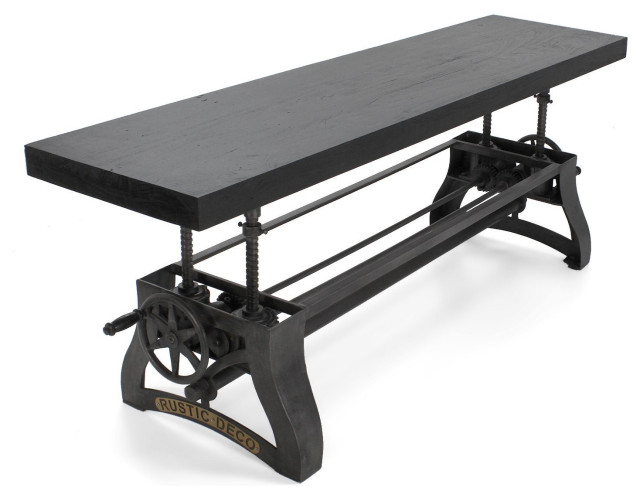 Crescent Industrial Dining Bench - Adjustable Iron Base - Rustic Ebony ...