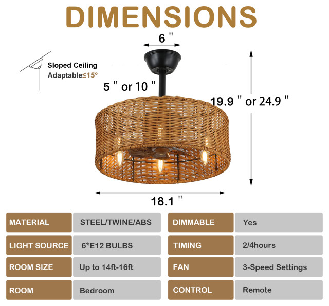 18In Rattan Weaving Ceiling Fan 6-Light 3-Speed with Remote and Light ...