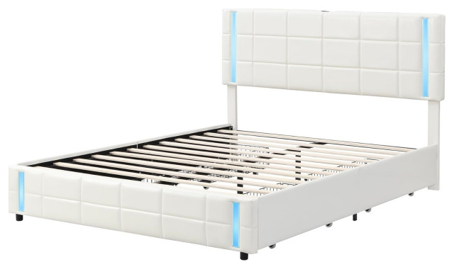 Modern Queen Size Platform Bed, Grid Tufted Headboard With LED Lighting ...