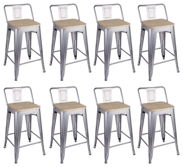 Silver 24" Low Back Metal Bar Stools With Wooden Seat Set of 8 ...
