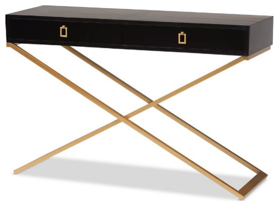Modern and Contemporary Finished Wood Gold Metal 2-Drawer Console Table ...