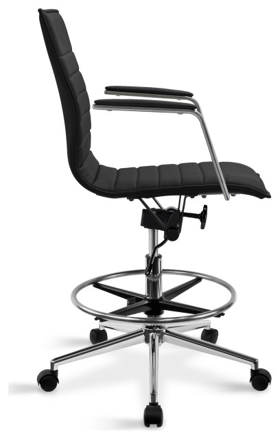 Drafting Chair Upholstered PU Leather Ribbed Mid Back Swivel Armchair ...