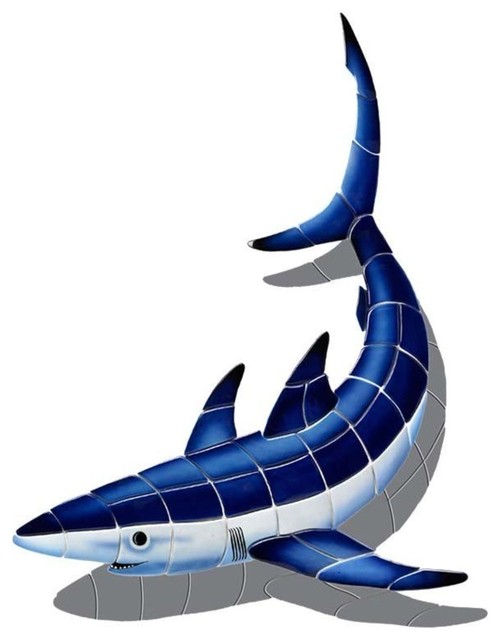 Shark Ceramic Swimming Pool Mosaic, 36"x49" with shadow - Beach Style ...