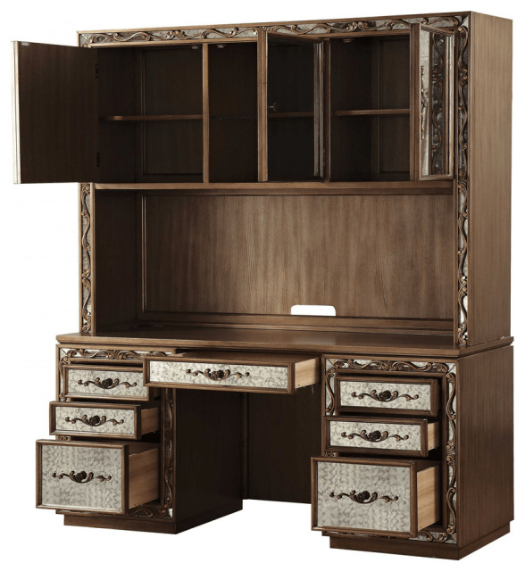 66" Gold Mirrored Computer Desk With Hutch With Three Cabinets Seven ...