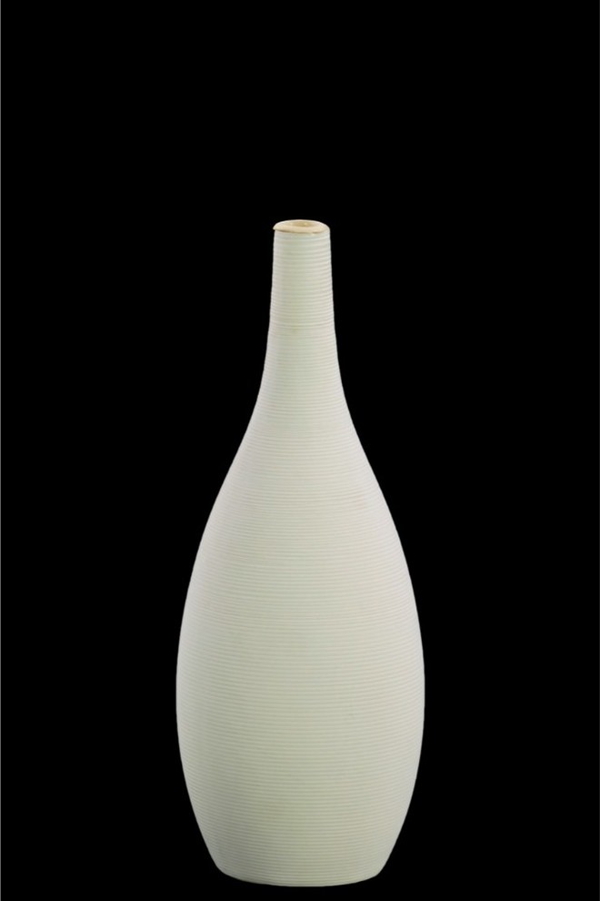 Ceramic Round SM Combed Vase with Small Mouth and Bellied Bottom, White ...