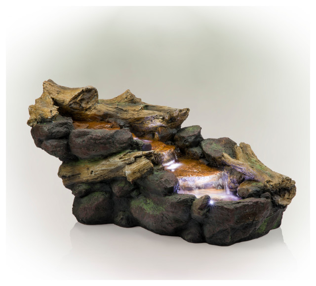 19" Tall Indoor/Outdoor River Rock and Log Fountain with LED Lights ...