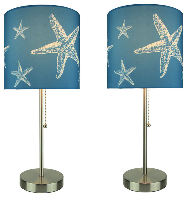 Brushed Nickel Finish Coastal Table Lamp With Blue Starfish Shade Set ...