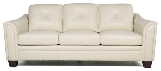Maklaine 21" Transitional Leather Tufted Fitted Back Sofa in Ivory ...