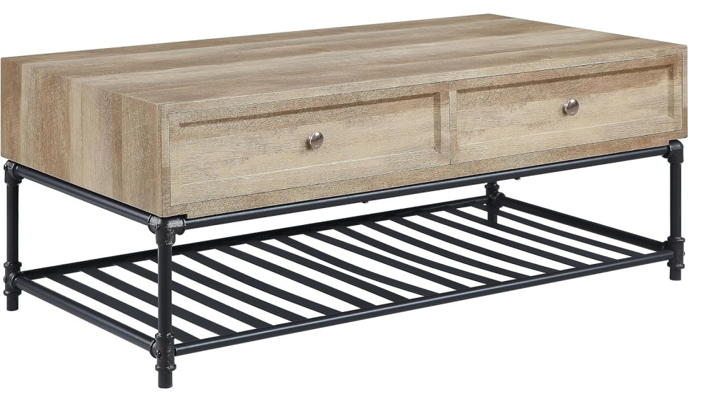 Classic Coffee Table, Industrial Pipe Base With Slatted Shelf & 2 ...