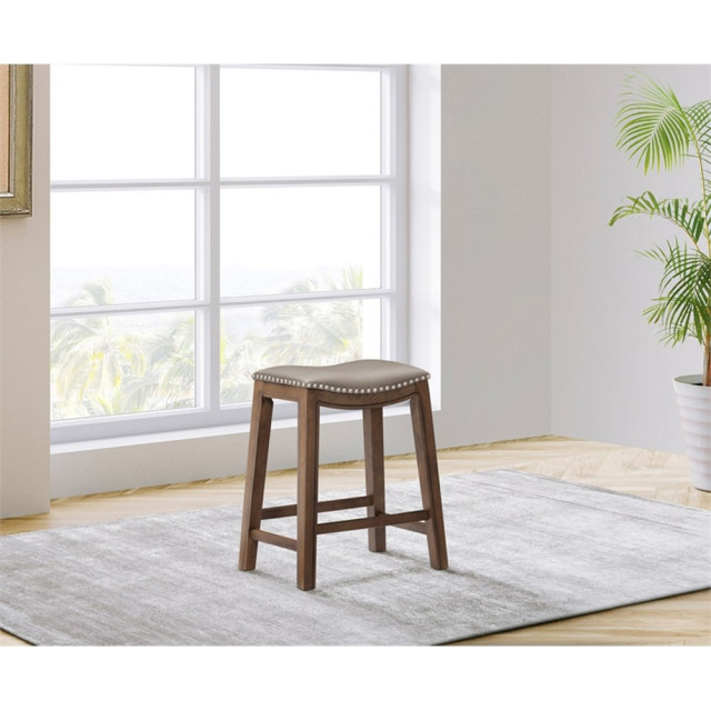 Pemberly Row 25.75" Transitional Wood/Faux Leather Saddle Counter Stool ...