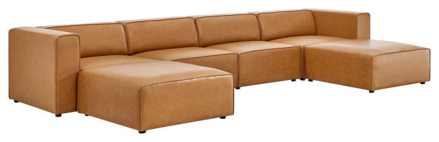 Odette Tan Leather 4-Piece Sofa and 2 Ottomans Set - Modern - Sectional ...