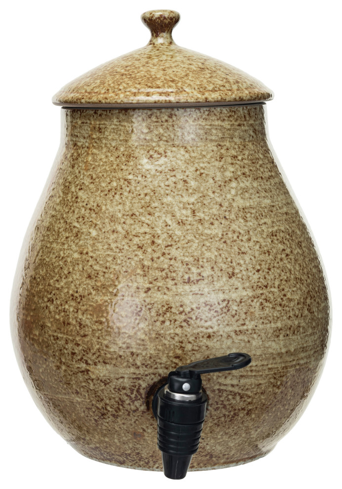Round Stoneware Beverage Dispenser With Lid, Brown - Contemporary ...
