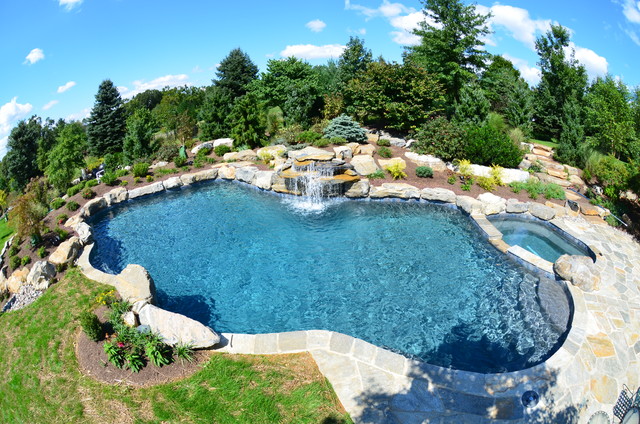 Freeform Style Pool With Flush Spa And Waterfall Contemporary