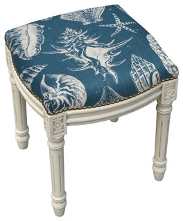 Navy Blue Seashells Linen Upholstered Vanity Stool With Nailheads ...