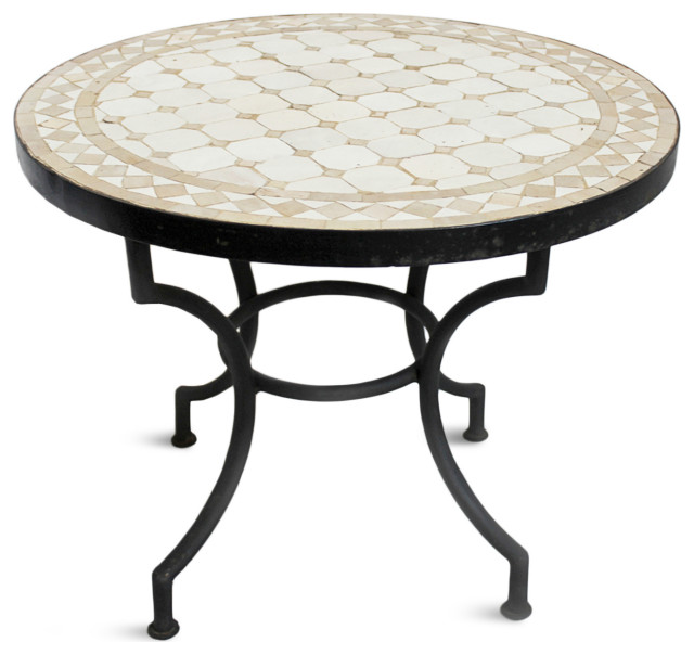 Outdoor Beige & White Round Mosaic Side Table - Transitional - Outdoor ...
