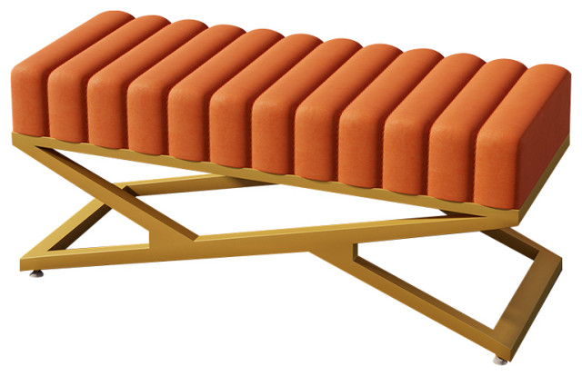 Modern Bedroom Bench Orange Velvet Upholstered Ottoman Bench in Gold X ...