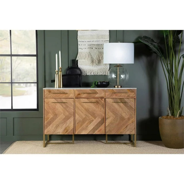 Natural and Antique Gold Accent Cabinet with Marble Top, 3-Door Design ...