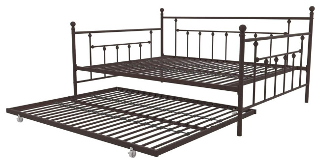 Bronze Queen Metal Daybed with Trundle, Slatted Headboard, and Armrest ...