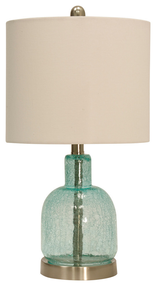 Teal Sea Table Lamp, Seafoam Blue Crackled Glass with Off-White Shade ...