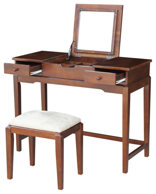 Large Vanity Set, Padded Stool & Table With Drawers & Flip Up Mirror ...