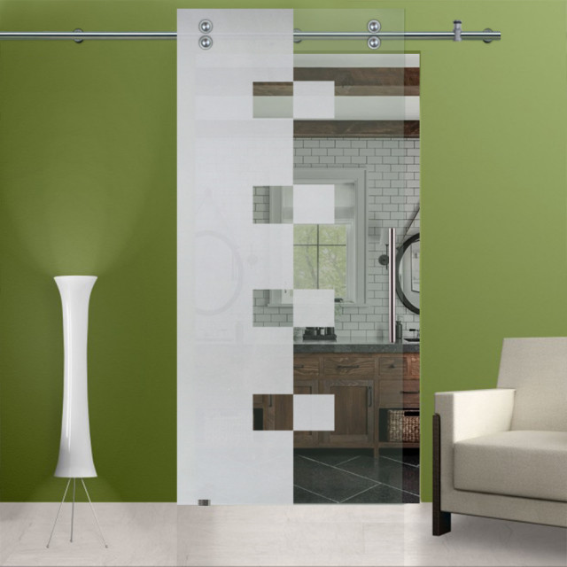 Single Sliding Barn Glass Door With Geometric Design V2000, 48"x84 ...