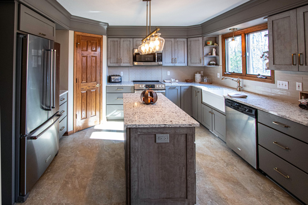 2 Tone Gray Kitchen with Quartz Countertop and Crackle Tile Backsplash ...
