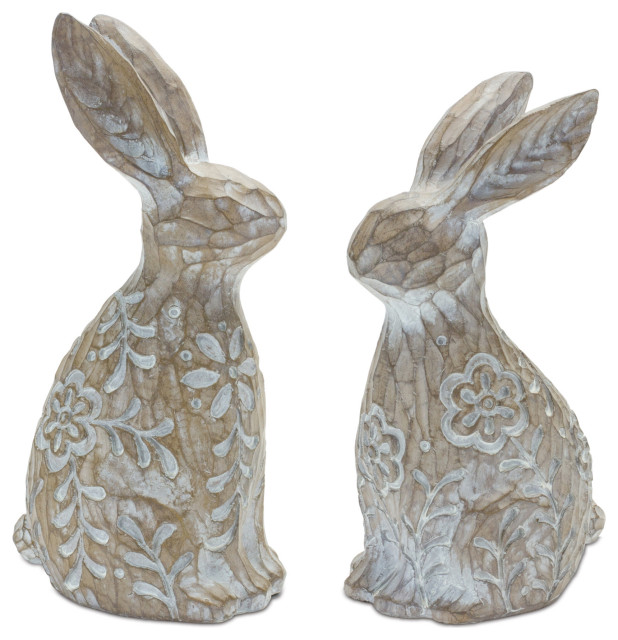 Floral Carved Rabbit Figurine, 2-Piece Set - Farmhouse - Decorative ...