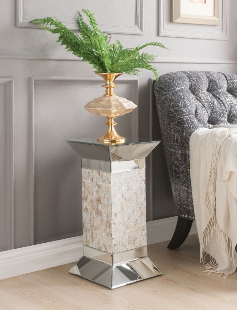 Modern Style Square Pedestal Stand with Beveled Mirrored Top, Silver ...