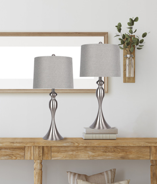 27" Curvy Brushed Nickel Table Lamps, Gray Textured Slub Linen Shades ...
