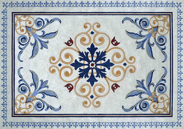 Floral Geometric Pattern Marble Mosaic Rug, 142" x 98" - Contemporary ...