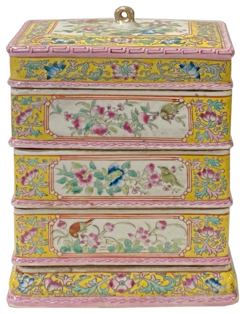 Chinese Yellow White Porcelain Scenery Graphic Rectangular Stack Box ...