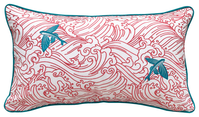 Coral Waves And Fish Embroidered Indoor/Outdoor Pillow - Beach Style ...