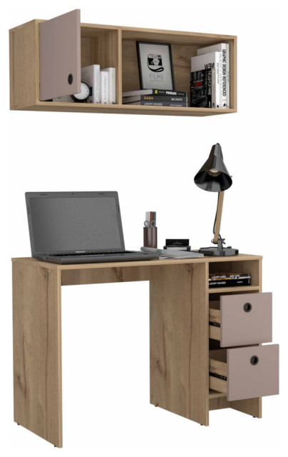 Tokyo Office Desk Set and with Wall Cabinet, Light Oak/ Taupe ...
