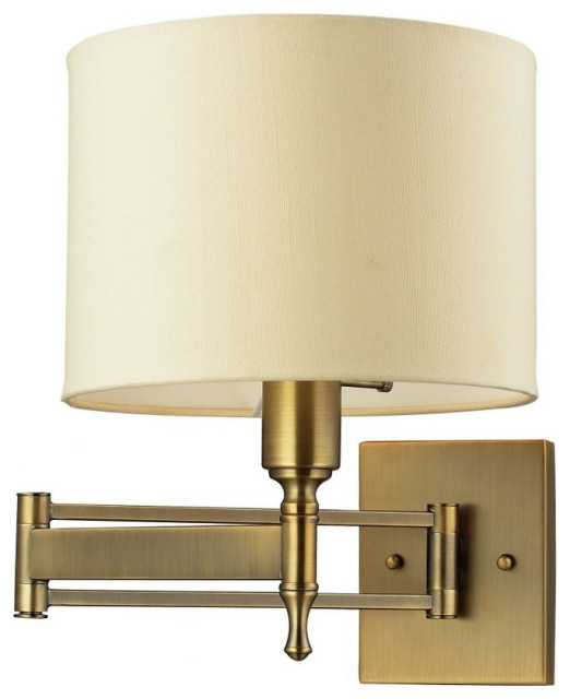 1-Light Swingarm Wall Lamp In Antique Brass Tan Fabric Shade Tan Fabric ...