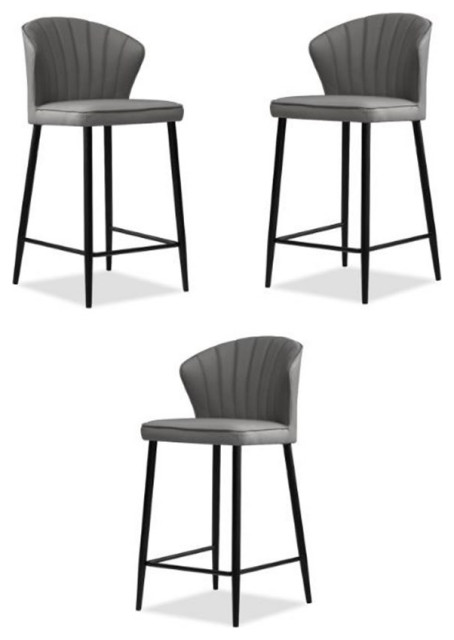 Home Square Counter Stool Smoke Leather in Black Legs - Set of 2 ...
