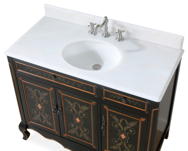 42" Black Hand-Painted Floral Decoroso Side Cabinet Bath Vanity With ...