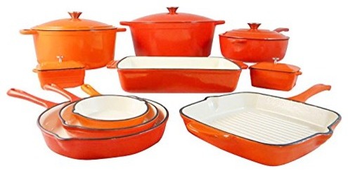 Le Chef 15 Piece Enamel Cast Iron Orange Cookware Set - Traditional ...