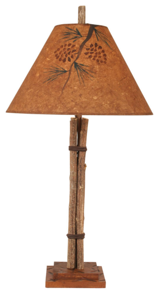 Twig and Leather Table Lamp With Pine Branch Shade - Rustic - Table ...