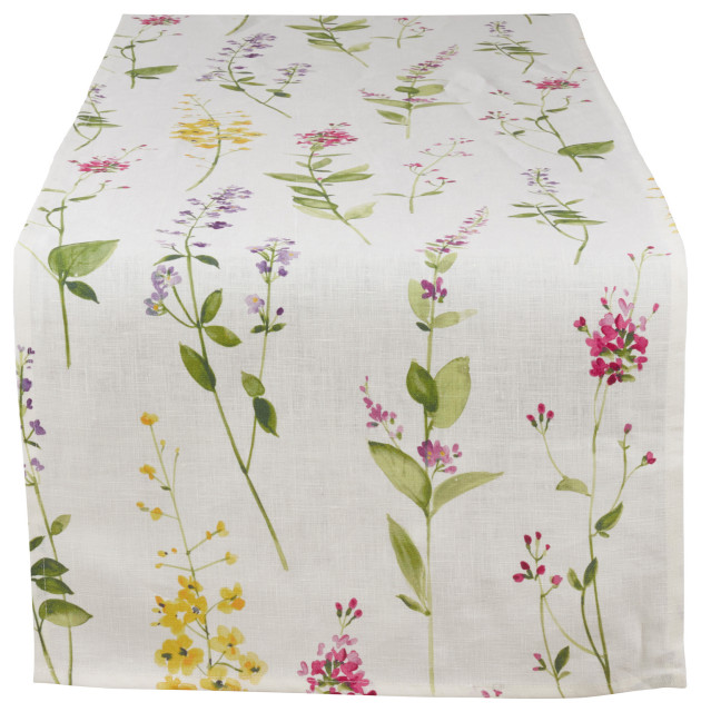 Linen Table Runner With Watercolor Floral Stem Design, Off-White, 16 ...