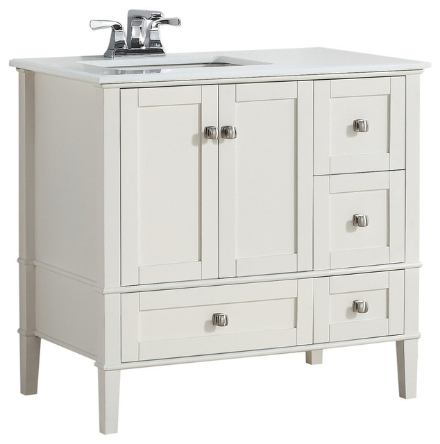 Chelsea Bath Vanity, Soft White With White Engineered Quartz Marble Top ...